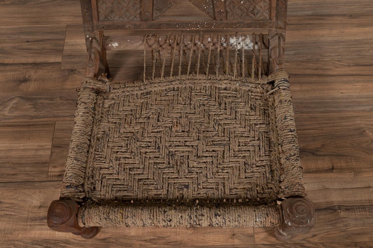 Rustic Indian Low Wooden Chair with Rope Seat and Weathered Appearance ...