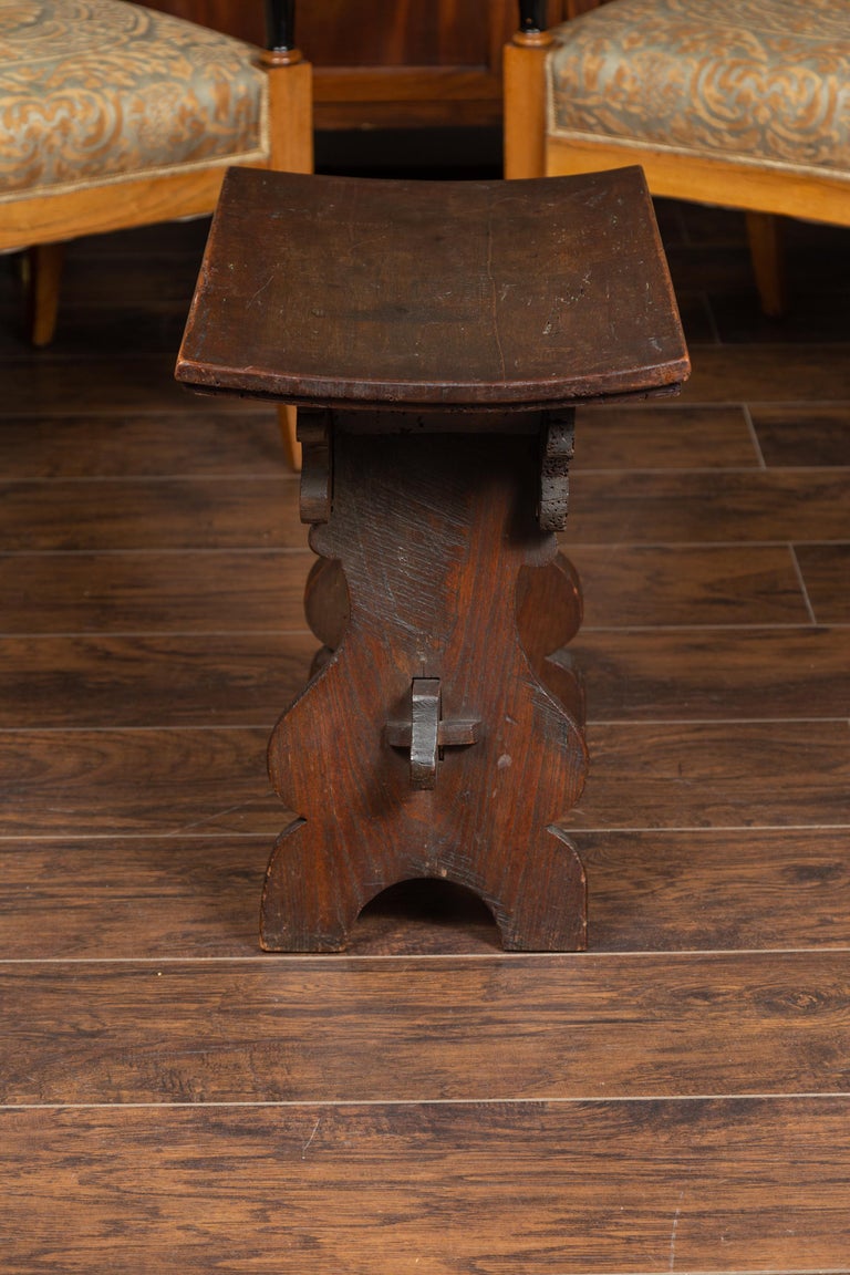 Rustic Italian 1800s Walnut Stool with Splaying Trestle Base and Carved ...