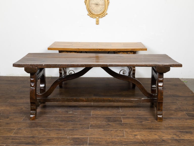 Rustic Italian 19th Century Walnut Farm Table with Carved Lyre-Shaped ...