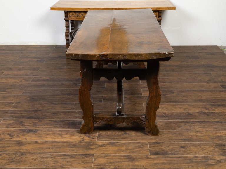 Rustic Italian 19th Century Walnut Farm Table with Carved Lyre-Shaped ...