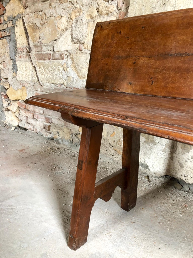 Rustic Italian Vintage Wooden Bench, Brown Walnut, 1920, Italy at 1stDibs