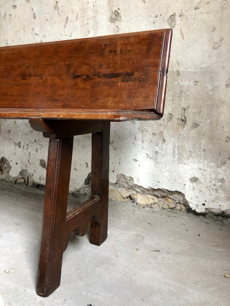 Rustic Italian Vintage Wooden Bench, Brown Walnut, 1920, Italy at 1stDibs