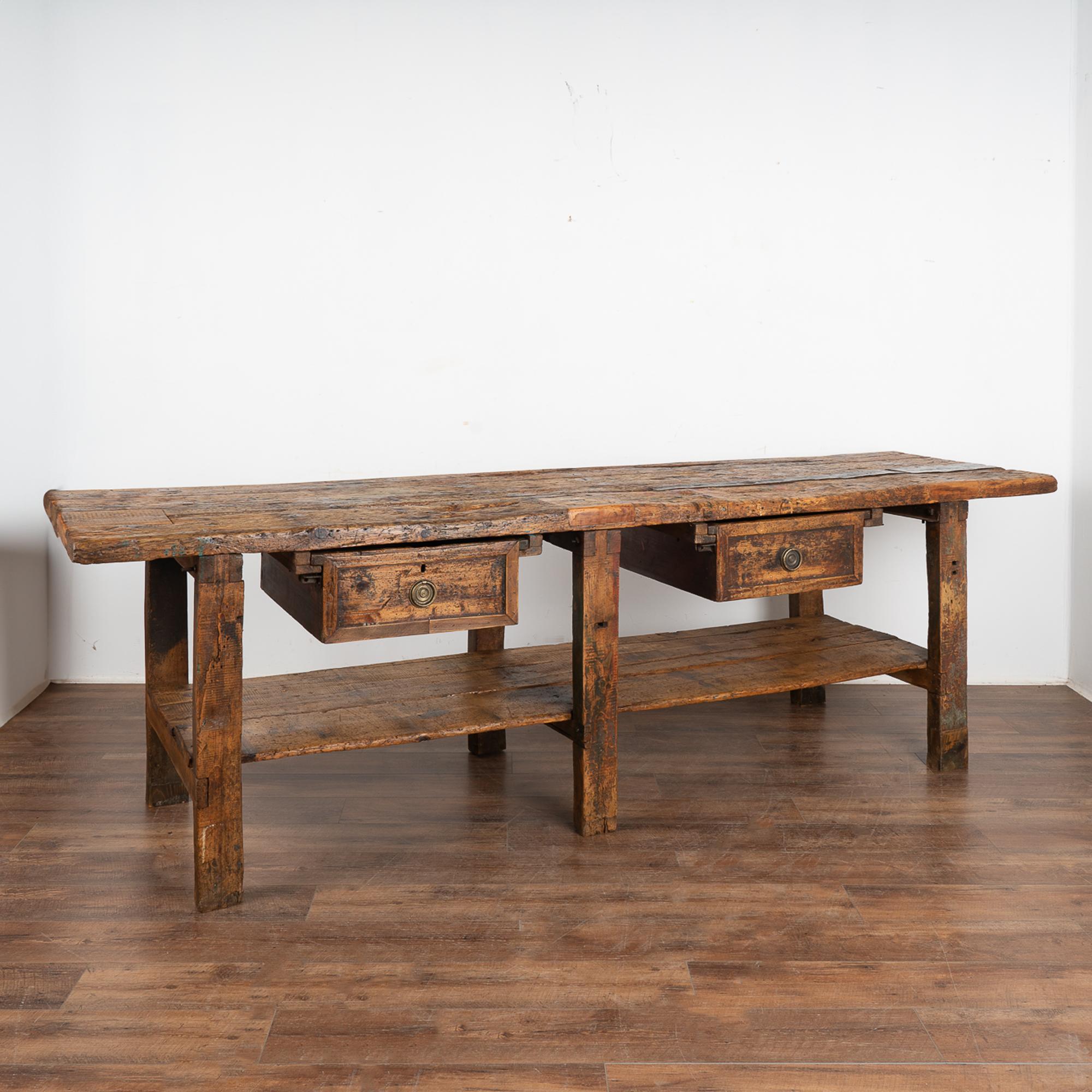 Rustic Long Work Table With 2 Drawers and Shelf, Kitchen Island Hungary ...