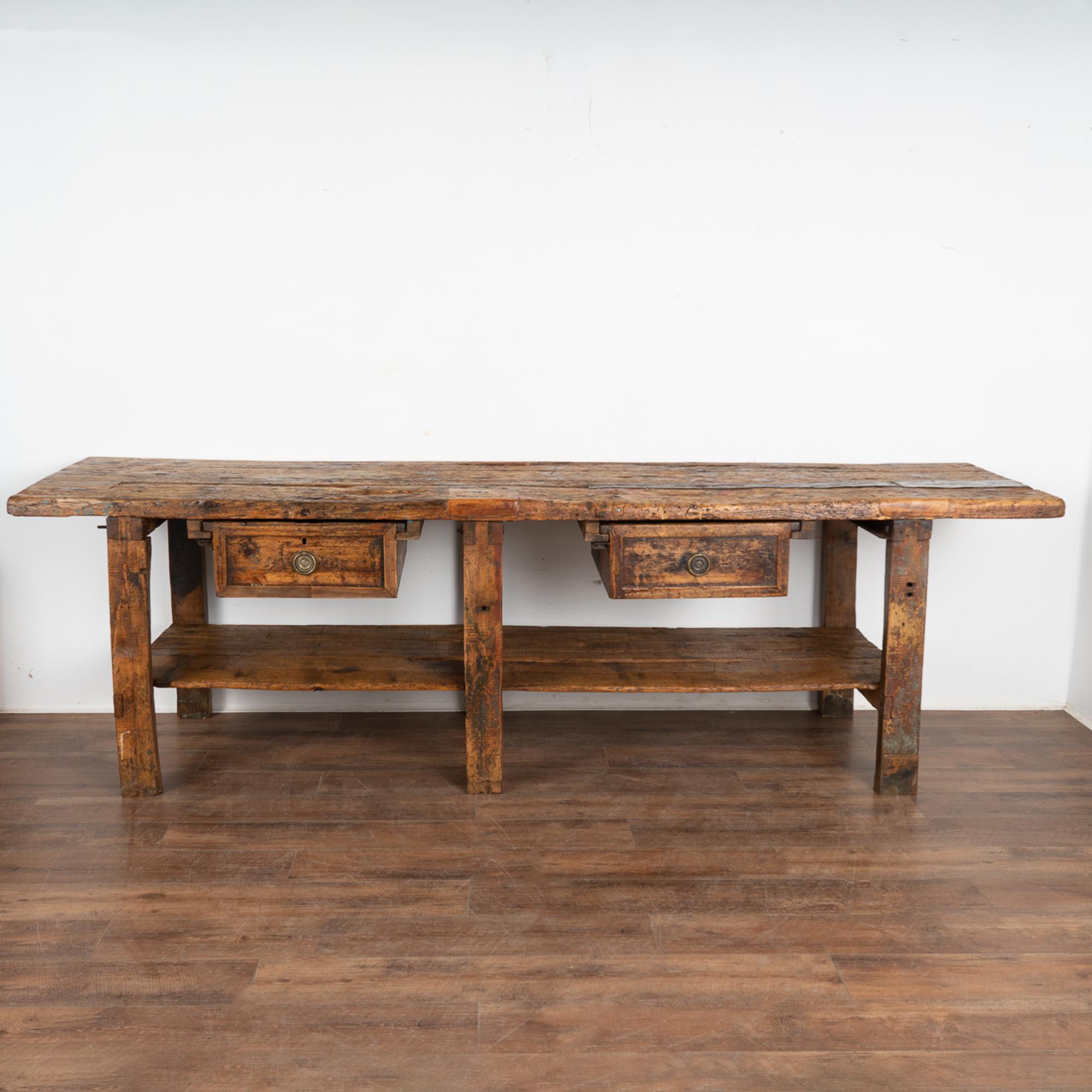 Rustic Long Work Table With 2 Drawers and Shelf, Kitchen Island Hungary ...