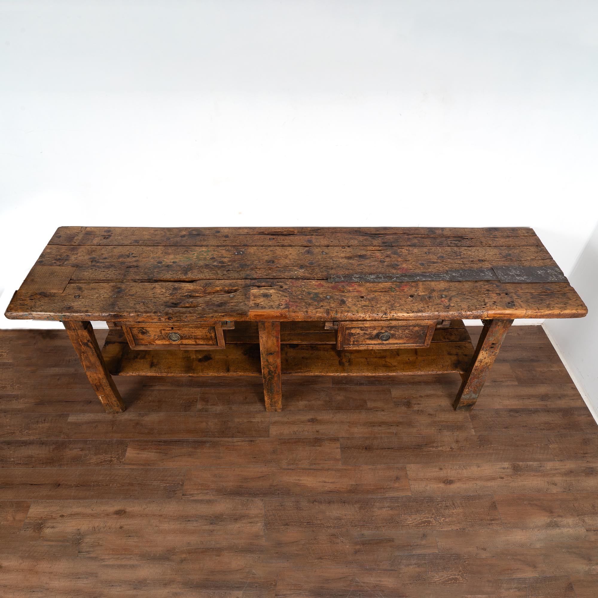 Rustic Long Work Table With 2 Drawers and Shelf, Kitchen Island Hungary ...