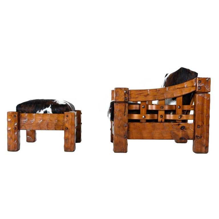 Rustic Modern Cowhide Leather Solid Pine Lounge Chair and Ottoman by ...