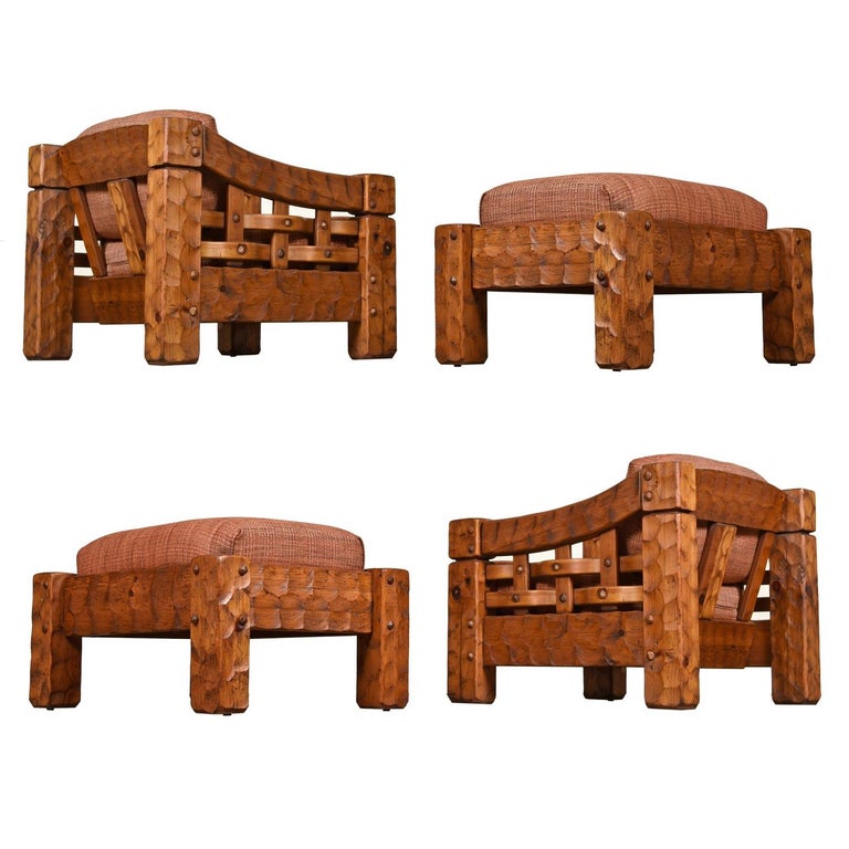 Rustic Modern Solid Knotty Pine Cabin Lodge Lounge Chairs and Ottomans ...
