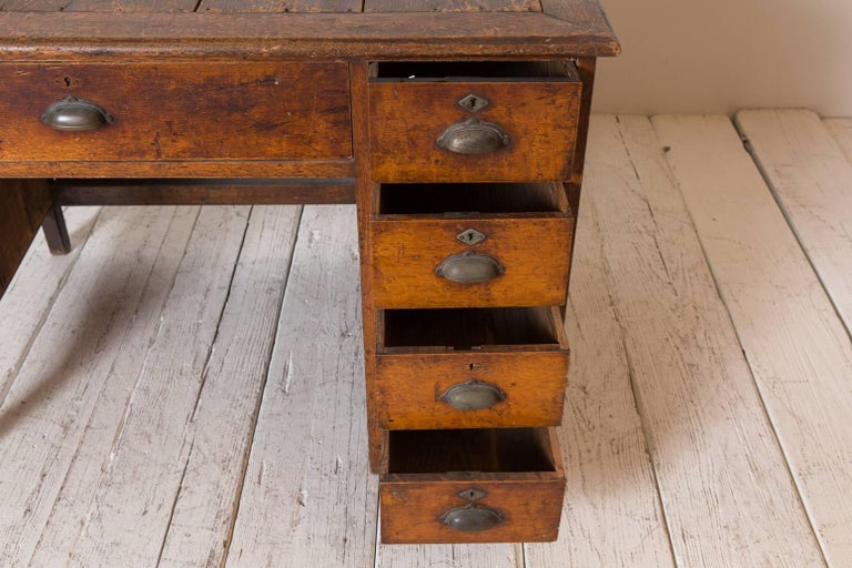 Rustic Oak Library Desk with Five Drawers with Keyhole Details at 1stDibs