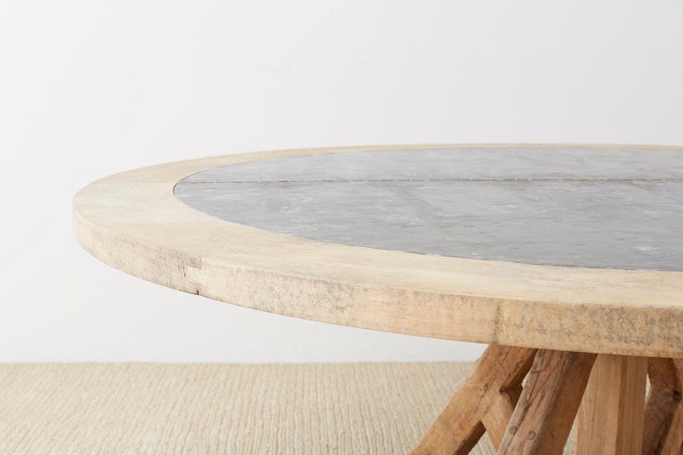 Reclaimed Oak Zinc Top Round Pedestal Dining Table at 1stDibs