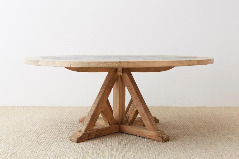 Reclaimed Oak Zinc Top Round Pedestal Dining Table at 1stDibs
