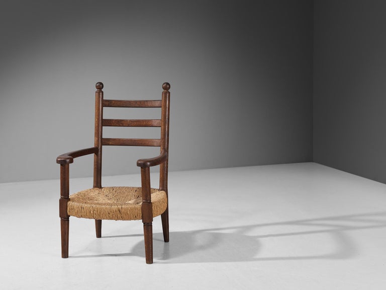 Rustic Pair of French Armchairs in Stained Oak and Rush For Sale at 1stDibs
