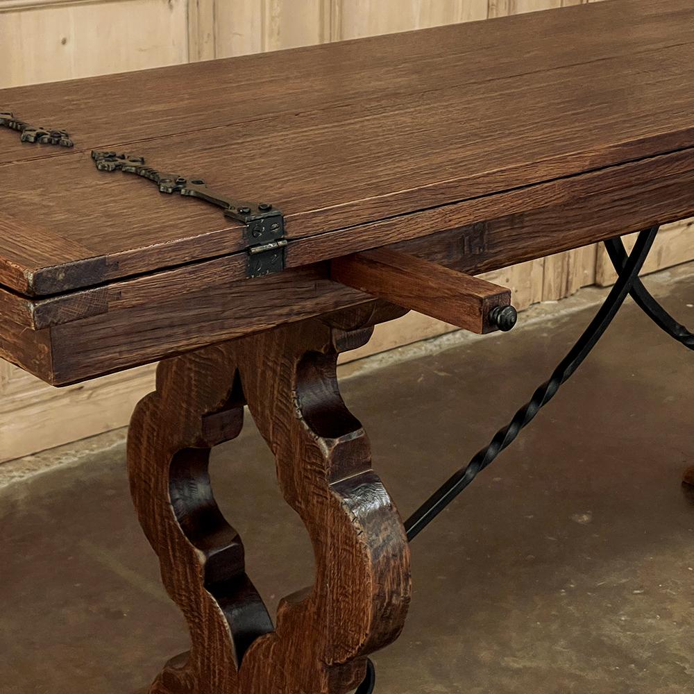 Rustic Spanish Vintage Fliptop Sofa Table, Dining Table with Wrought Iron For Sale at 1stDibs