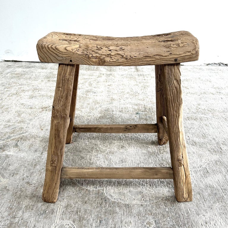 Rustic Style Elm Wood Stool with Curved Seat For Sale at 1stDibs