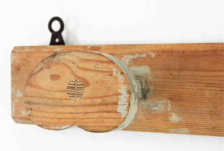 Spanish Rustic Wall Coat Rack in Patinated Wood For Sale at 1stDibs