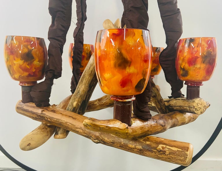 Rustic Style Wood Decorated Chandelier with Orange Glass Globe ...