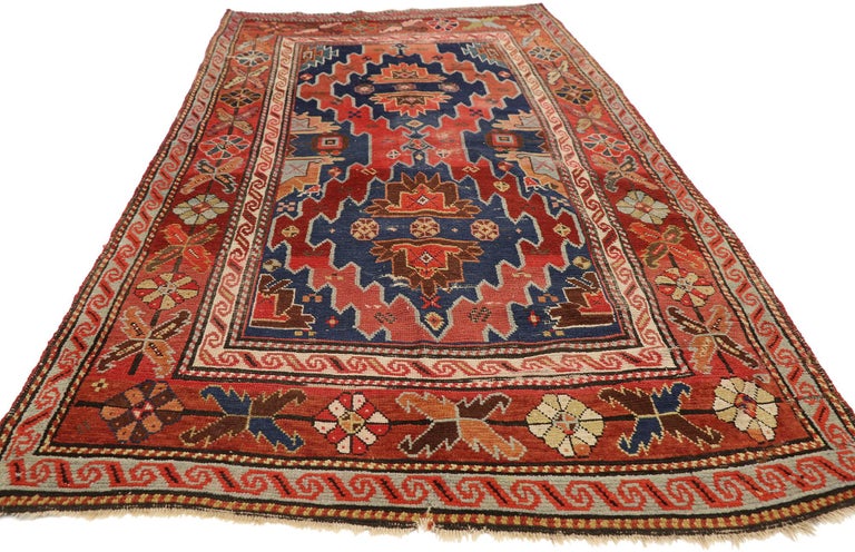 Rustic Tribal Style Antique Caucasian Kazak Area Rug, Wide Hallway ...