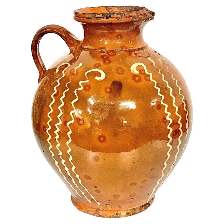 Rustic Water Jug with Yellow Glaze Decoration For Sale at 1stDibs