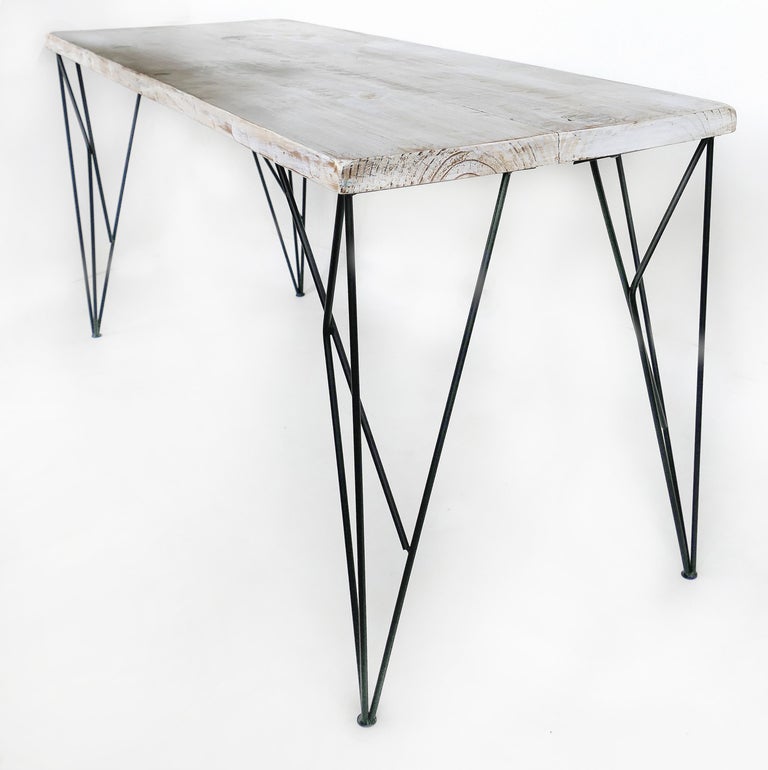 Rustic Whitewashed Console/Work Table with Iron Legs For Sale at 1stDibs