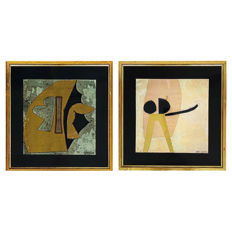 Ruth Sica Vintage Abstract Mixed Media Collage Paintings with Foil ...