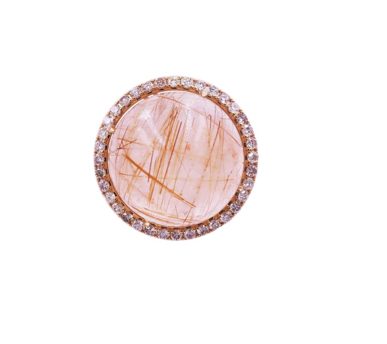 Rutilated Pink Quartz Round Cabochon Halo Diamonds 14 Karat Yellow Gold ...