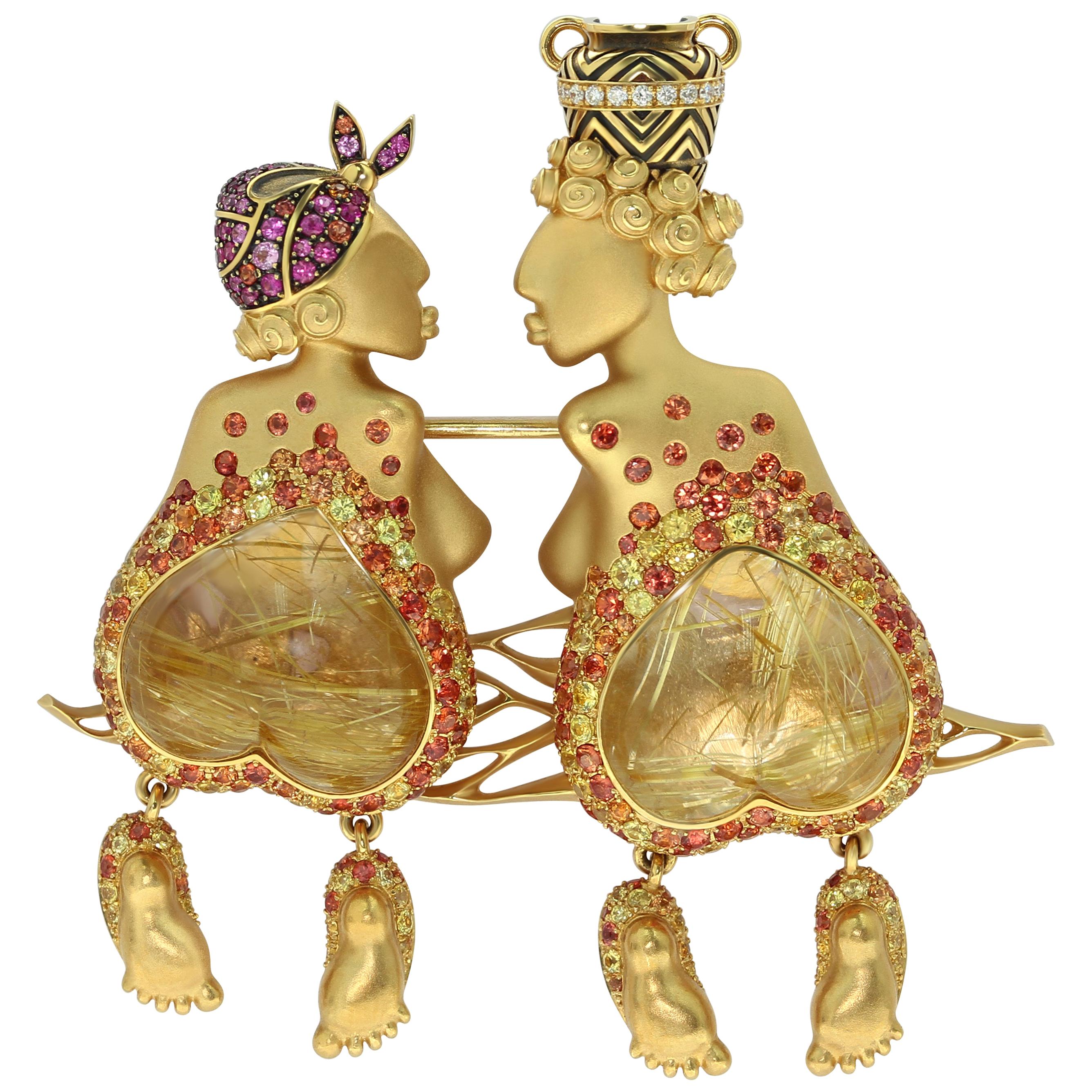 Rutilated Quartz 42.54 Carat Diamonds Sapphires 18 Karat Gold Friends ...