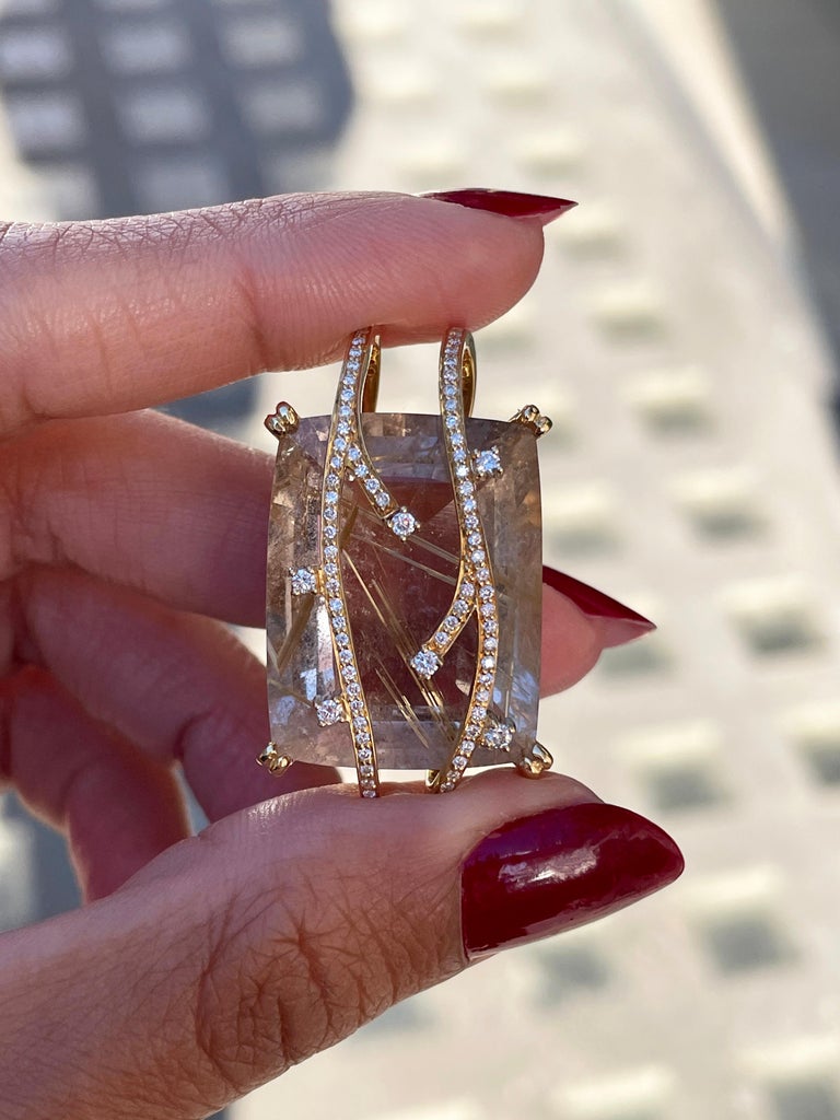 Rutilated Quartz and Diamond 18 Carat Yellow Gold Statement Pendant For ...