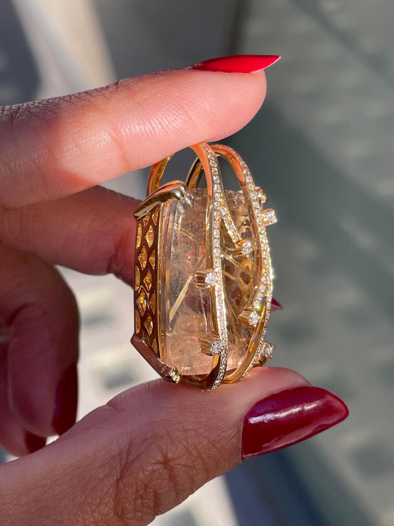 Rutilated Quartz and Diamond 18 Carat Yellow Gold Statement Pendant For ...