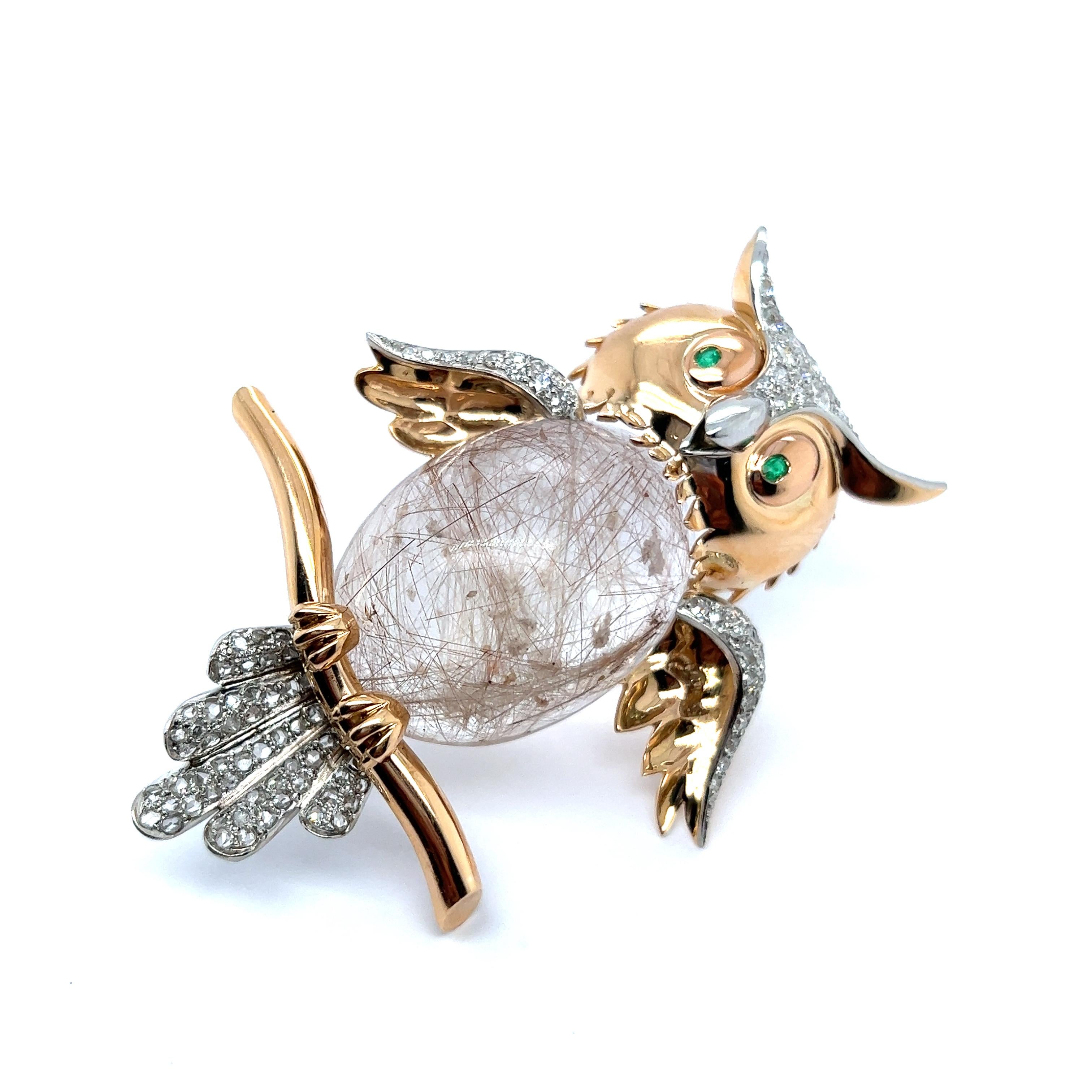Rutilated Quartz Brooch with Diamonds in 18 Karat Red and White Gold ...