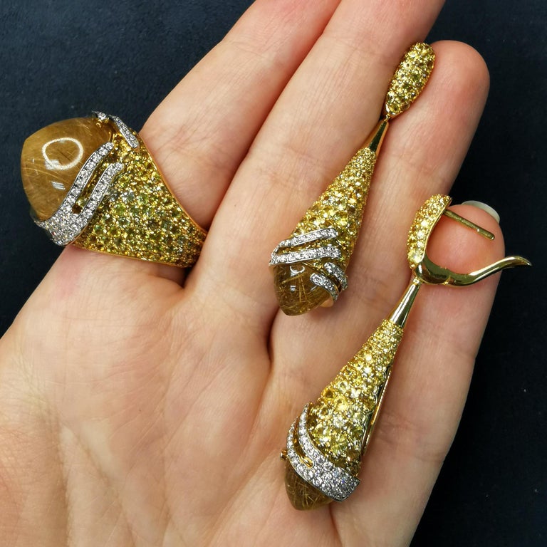 Rutilated Quartz Sapphires Diamonds 18 Karat Yellow Gold Fuji Suite For ...