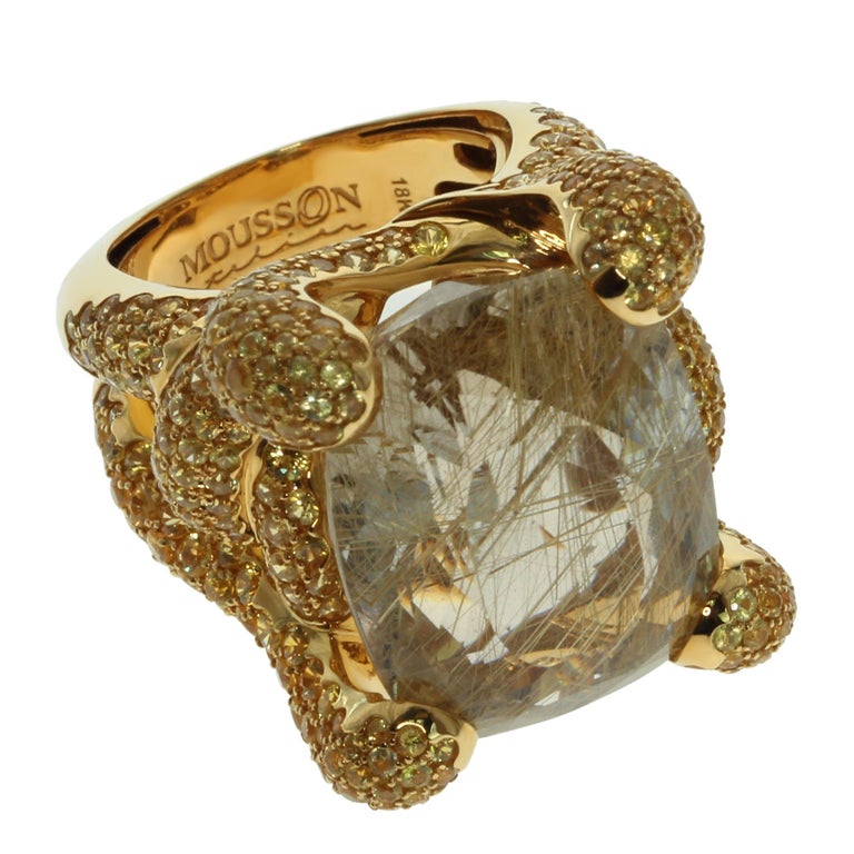 Rutile Quartz Yellow Sapphire 18 Karat Yellow Gold Cocktail Ring at 1stDibs