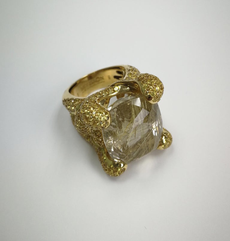 Rutile Quartz Yellow Sapphire 18 Karat Yellow Gold Cocktail Ring at 1stDibs