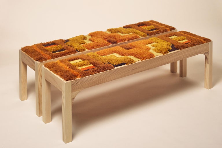 Rya Bench Wood and Vintage Scandinavian Shag Rug For Sale at 1stDibs
