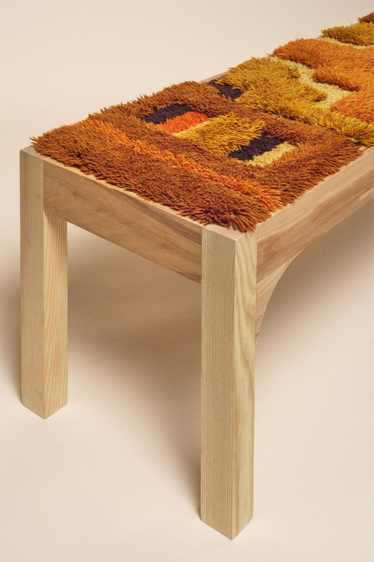 Rya Bench Wood and Vintage Scandinavian Shag Rug For Sale at 1stDibs