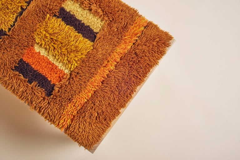Rya Bench Wood and Vintage Scandinavian Shag Rug For Sale at 1stDibs