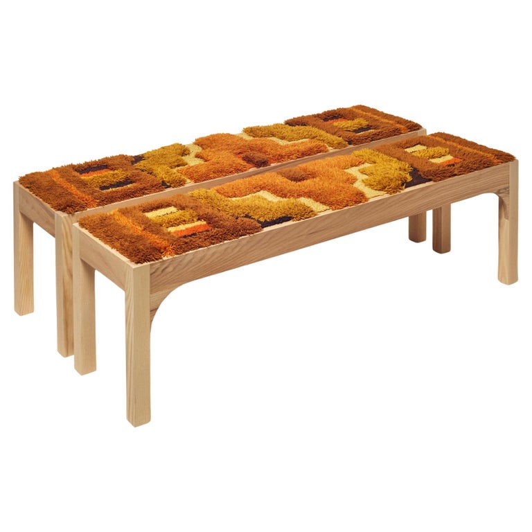 Rya Bench Wood and Vintage Scandinavian Shag Rug For Sale at 1stDibs