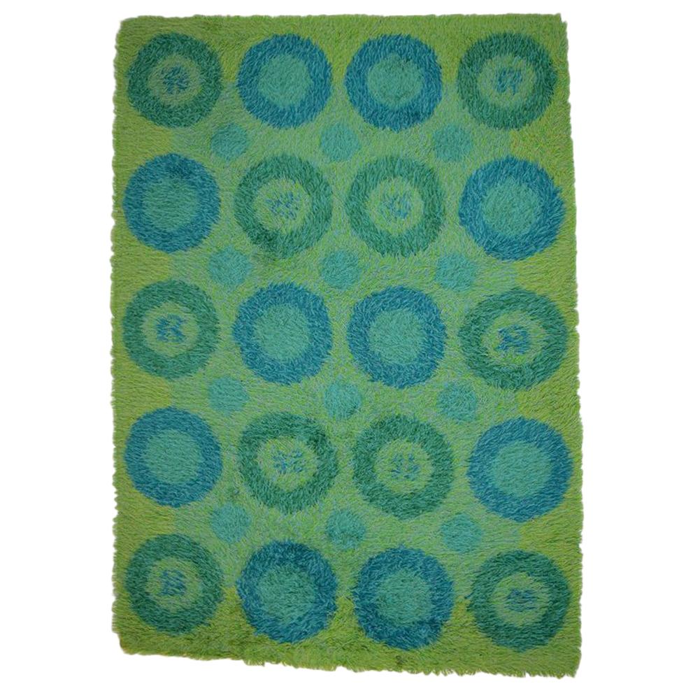 Rya Carpet in Green and Blue Design, "Flower Power" Swedish Designer ...