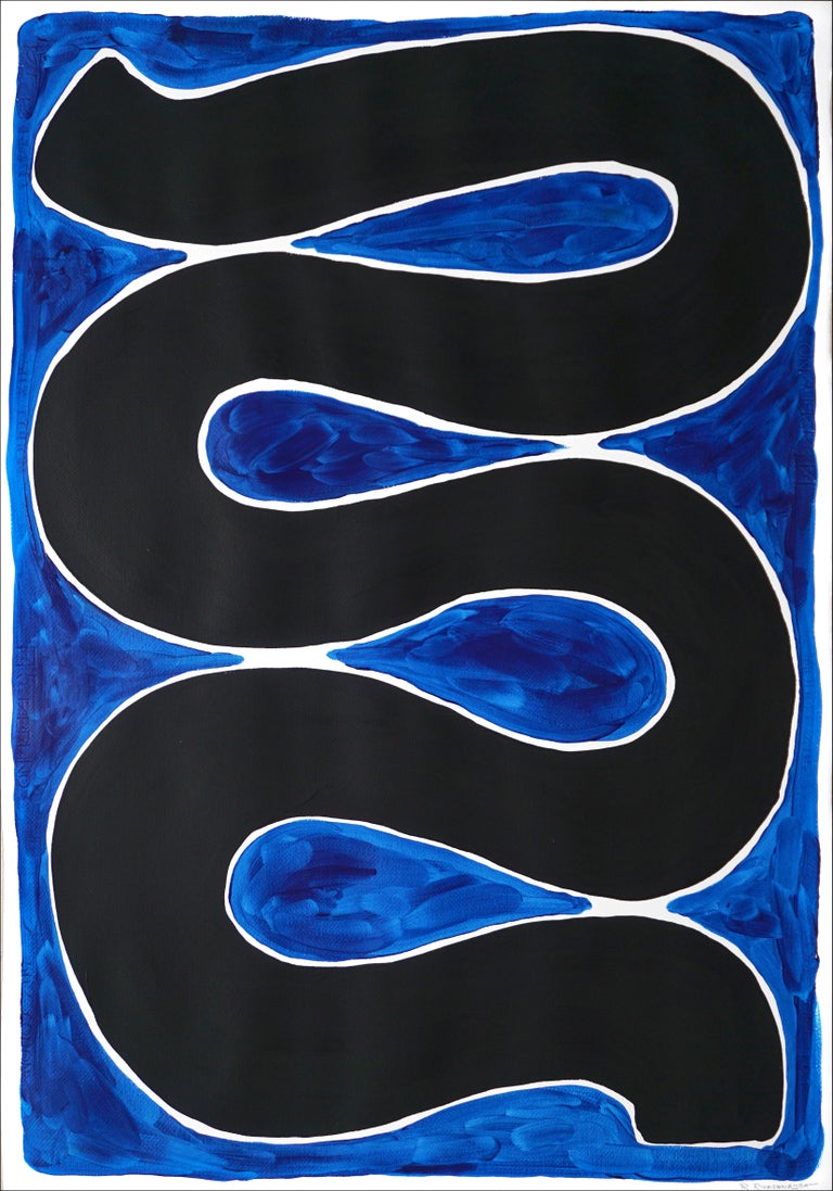 Ryan Rivadeneyra - Black Swirl on Blue, Black Brushstroke, Vertical ...