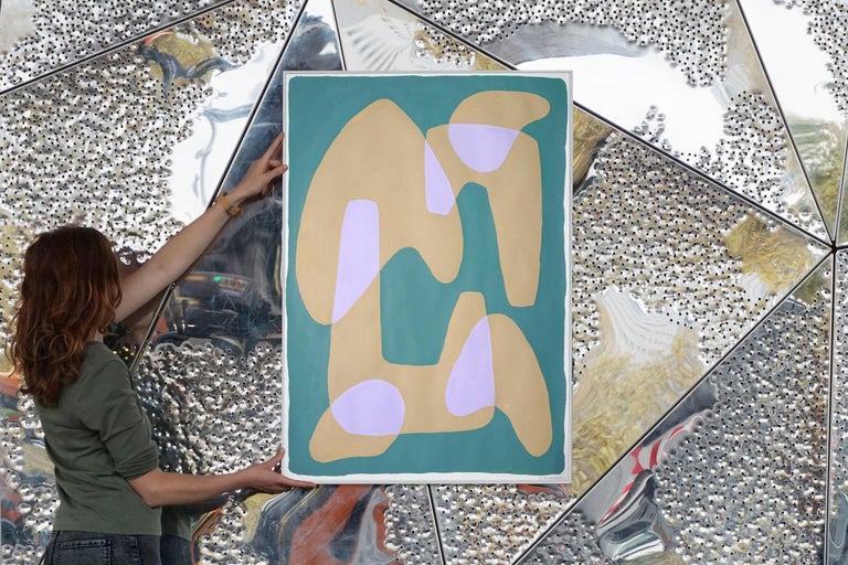 Ryan Rivadeneyra - Tan Arches on Green, Abstract Geometric Painting ...