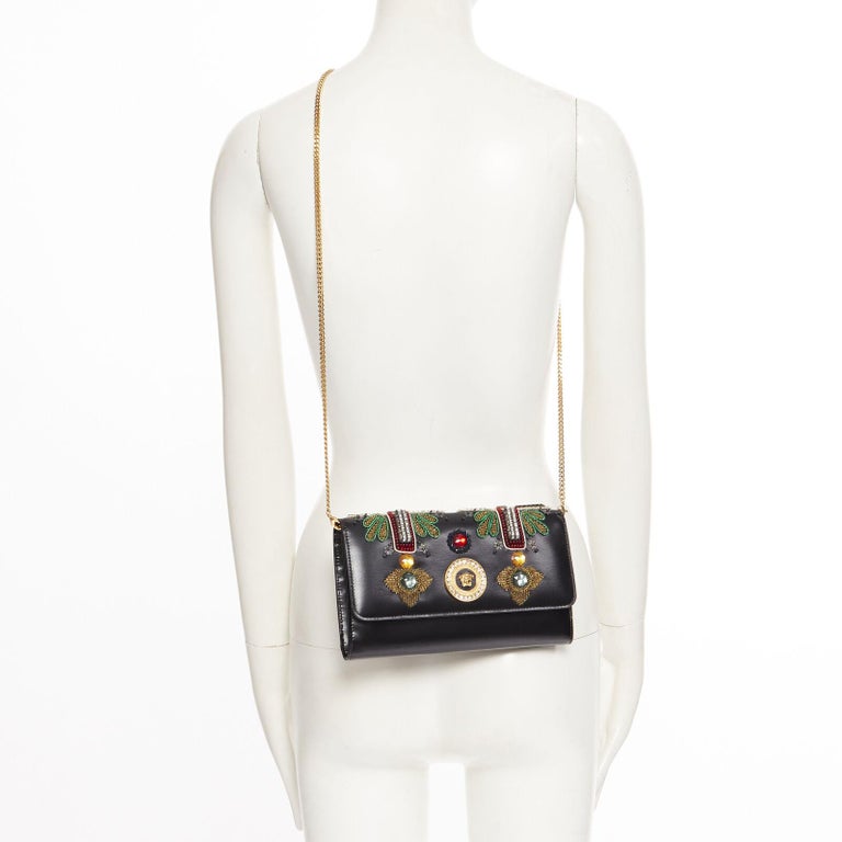 S/2018 L #27 VERSACE BLACK LEATHER BYZANTINE CROSS EMBELLISHED WALLET ...