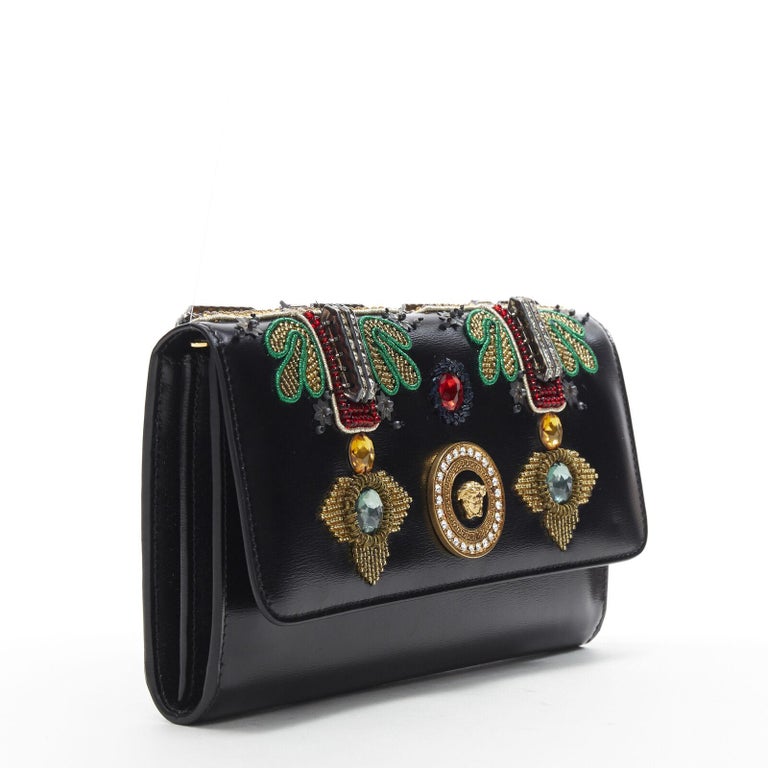 S/2018 L #27 VERSACE BLACK LEATHER BYZANTINE CROSS EMBELLISHED WALLET ...