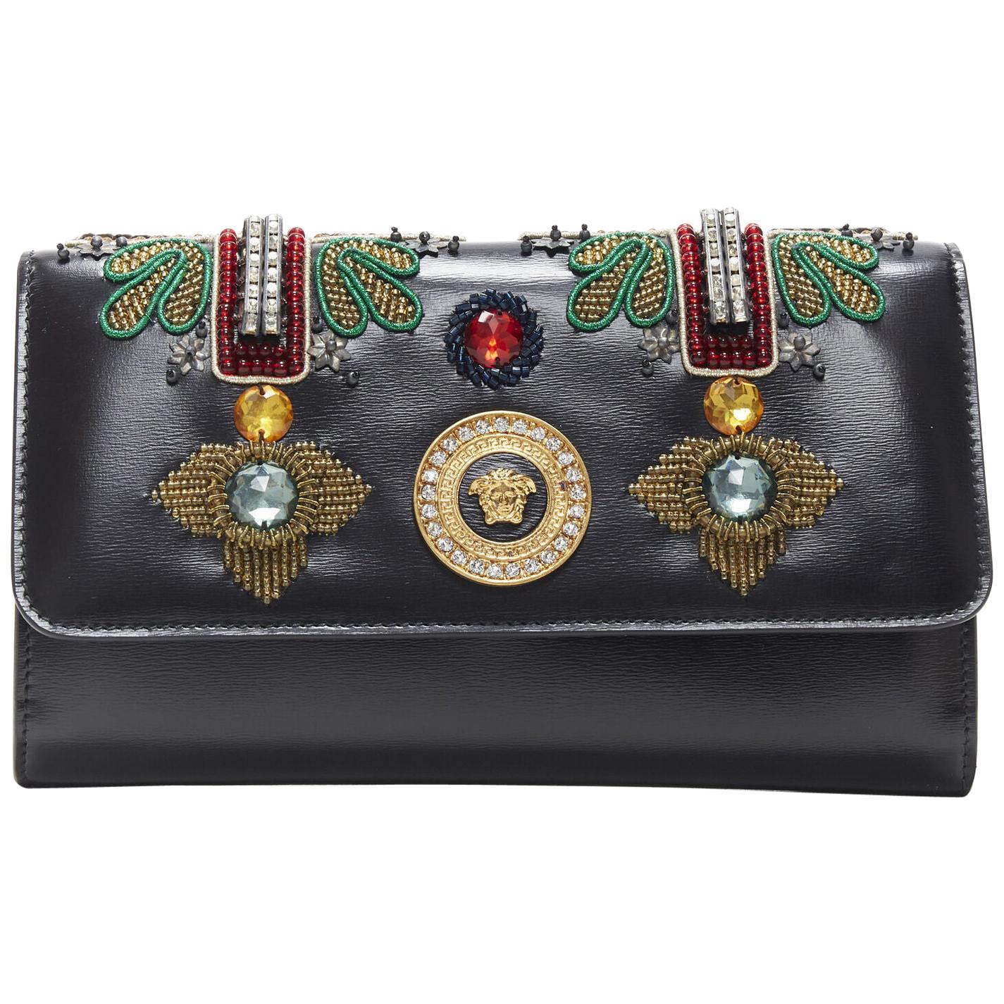 S/2018 L #27 VERSACE BLACK LEATHER BYZANTINE CROSS EMBELLISHED WALLET ...