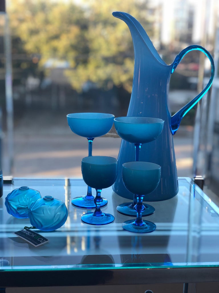 S/4 White Encased Cerulean Light Blue Carlo Moretti Stemmed Blown Glass ...
