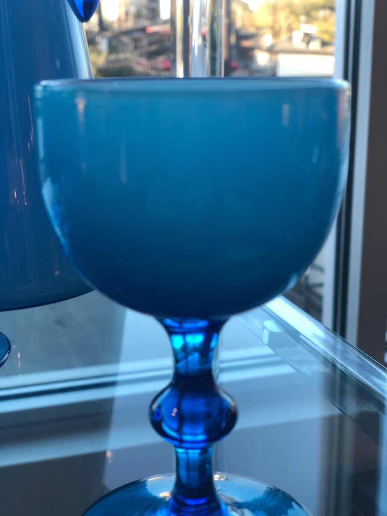 S/4 White Encased Cerulean Light Blue Carlo Moretti Stemmed Blown Glass ...