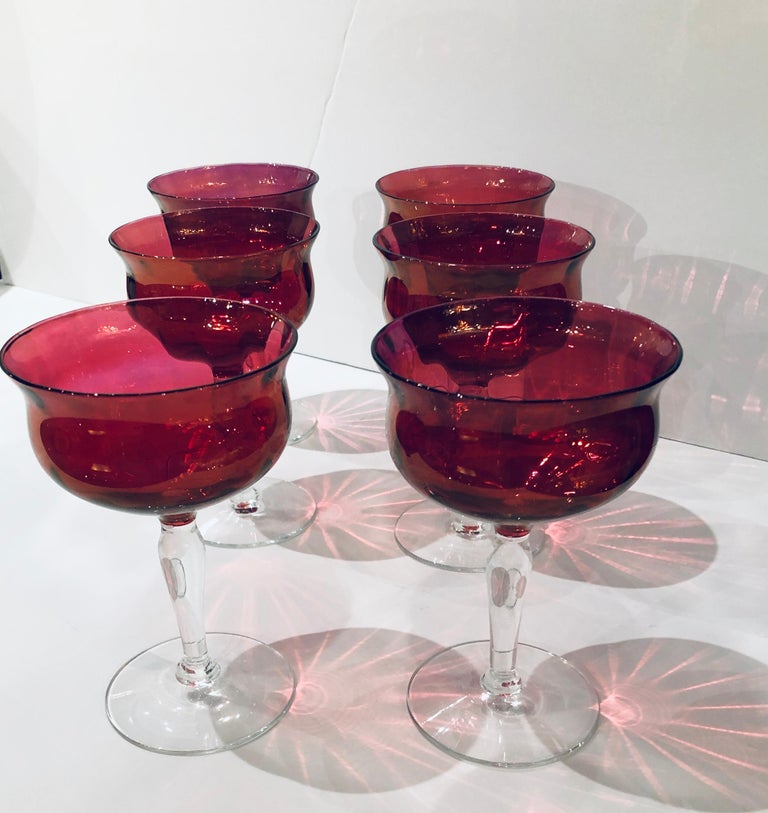 Set of 6 French Ruby Red Crystal with Clear Stem Champagne Coupe ...