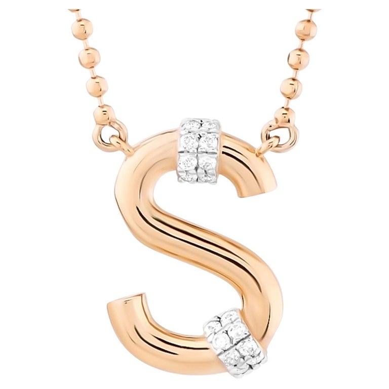 S Diamond Initial Necklace, 14K Yellow Gold, Beaded Ball Chain Letter ...