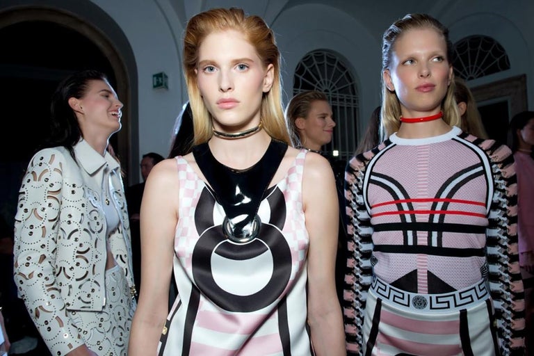 S/S 15 look#25 VERSACE WHITE LASER CUT LEATHER JACKET SKIRT SUIT as ...