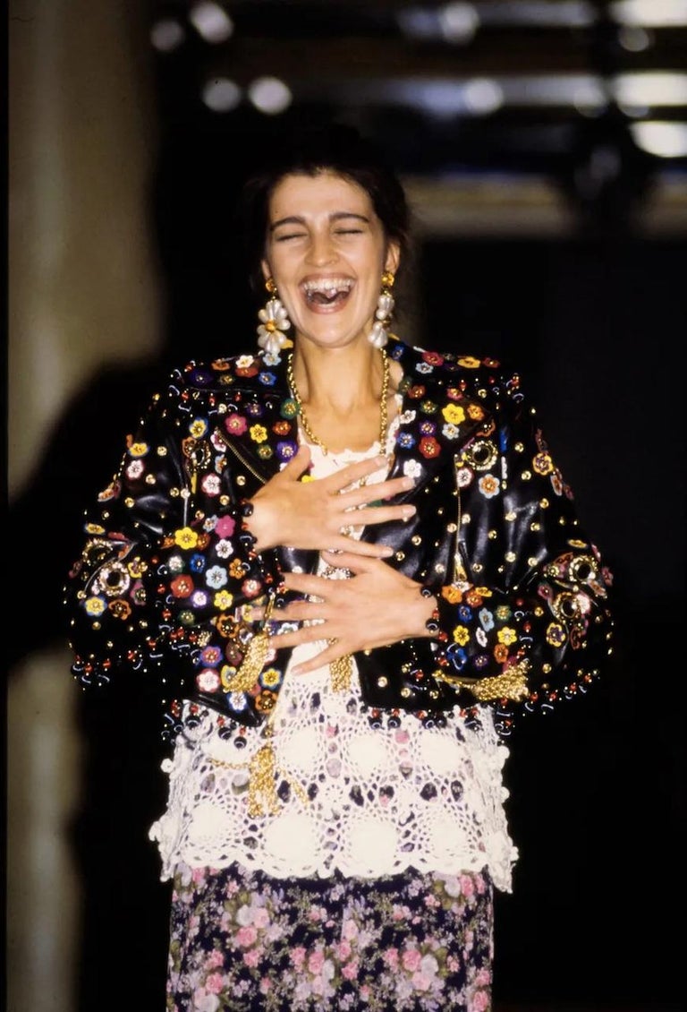 S/S 1991 MOSCHINO Redwall Documented Black Blossoms Appliquéd Leather Backpack For Sale at 1stDibs