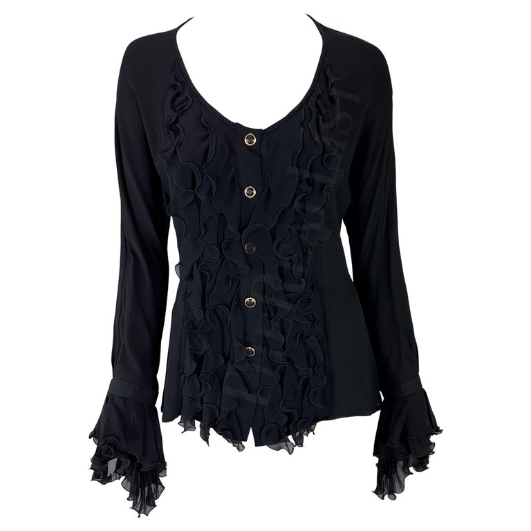 S/S 1993 Gianni Versace Black Bohemian Ruffle Button Runway Down Top ...