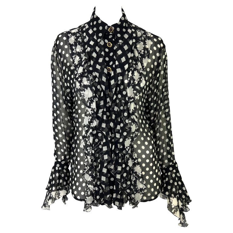 S/S 1993 Gianni Versace Runway Black White Sheer Polka Dot Floral ...