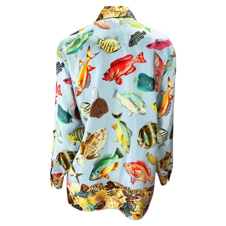 S/S 1992 Gucci Runway Ad Blue Sea Life Fish Print GG Logo Button Up ...